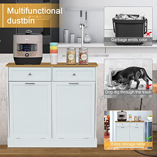 J-SUN-7 Double Tilt Out Trash Cabinet - Wooden Free Standing Kitchen Trash Can with 2 Hideaway Drawers, Multifunctional Trash Can Cabinet with Removable Cutting Board, White