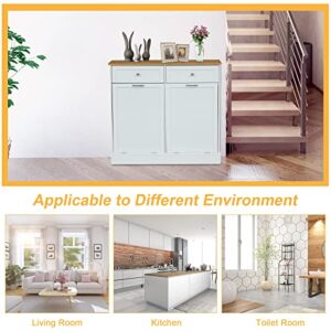 J-SUN-7 Double Tilt Out Trash Cabinet - Wooden Free Standing Kitchen Trash Can with 2 Hideaway Drawers, Multifunctional Trash Can Cabinet with Removable Cutting Board, White