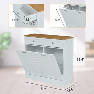 J-SUN-7 Double Tilt Out Trash Cabinet - Wooden Free Standing Kitchen Trash Can with 2 Hideaway Drawers, Multifunctional Trash Can Cabinet with Removable Cutting Board, White