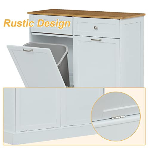 J-SUN-7 Double Tilt Out Trash Cabinet - Wooden Free Standing Kitchen Trash Can with 2 Hideaway Drawers, Multifunctional Trash Can Cabinet with Removable Cutting Board, White