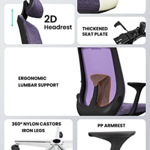 Dripex Mesh Office Chair for Home, Ergonomic Desk Chair with Arms/Lumbar Support/Mesh Back/Adjustable Headrest & Height/Wheels, Computer Chairs Tilt Reclining Swivel Rolling Chair, Purple