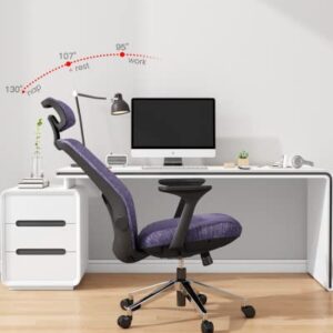 Dripex Mesh Office Chair for Home, Ergonomic Desk Chair with Arms/Lumbar Support/Mesh Back/Adjustable Headrest & Height/Wheels, Computer Chairs Tilt Reclining Swivel Rolling Chair, Purple