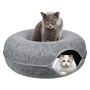 cat tunnel bed, cat cave bed ，beds for indoor cats - large cat house for pet cat cave ，detachable round felt & washable interior cat play tunnel for small pets (24 inch, dark grey)