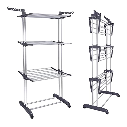 HOFLERA Airer Clothes Drying Rack - 4 Tiers Foldable Clothes Hanger with Adjustable Height and Large Stainless Steel Garment Laundry Racks for Indoor and Outdoor Use