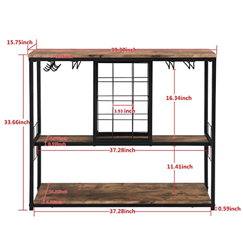 CIATRE Wine Rack Table, Wine Rack Kitchen Bar 3 Tier Storage Rack, Wooden Wine Cabinet Wine Cabinet with Bottle Rack and Glass Rack for Home Kitchen Dining Room, 40 Inch