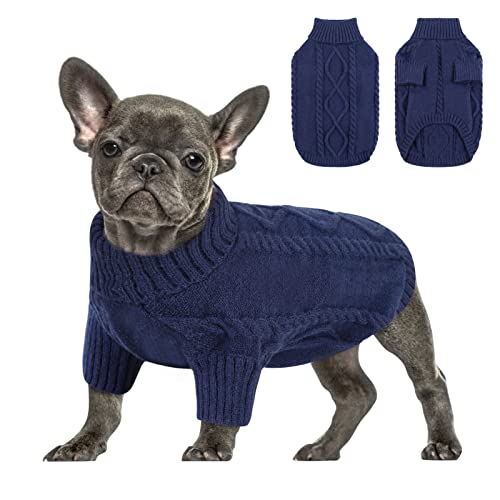 Queenmore Small Dog Pullover Sweater, Cold Weather Cable Knitwear, Classic Turtleneck Thick Warm Clothes for Chihuahua, Bulldog, Dachshund, Pug (Dark Navy, Small)