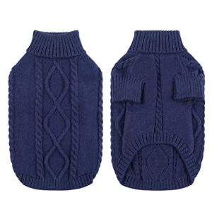 Queenmore Small Dog Pullover Sweater, Cold Weather Cable Knitwear, Classic Turtleneck Thick Warm Clothes for Chihuahua, Bulldog, Dachshund, Pug (Dark Navy, Small)