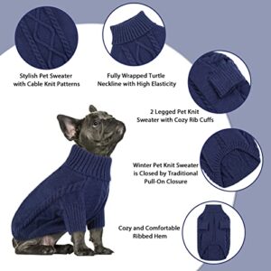 Queenmore Small Dog Pullover Sweater, Cold Weather Cable Knitwear, Classic Turtleneck Thick Warm Clothes for Chihuahua, Bulldog, Dachshund, Pug (Dark Navy, Small)