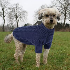 Queenmore Small Dog Pullover Sweater, Cold Weather Cable Knitwear, Classic Turtleneck Thick Warm Clothes for Chihuahua, Bulldog, Dachshund, Pug (Dark Navy, Small)