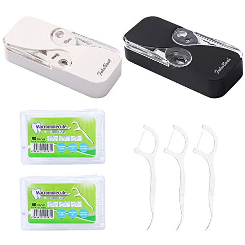 2 Pcs Portable Floss Dispenser, Dental Floss Dispenser with 124 Floss Pick, Refillable Floss Box Dispenser Portable Floss Pick Dispenser for Women Men Teeth Cleaning (Black & White)