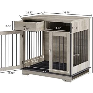 OGAOL Dog Crate Furniture, Wood Furniture Style Dog Crate End Table with Drawer, Medium Dog Kennel with Removable Tray, Rustic Deco Dog House Cage for Dogs up to 60 lb, Chew-Proof (Grey-with Tray)