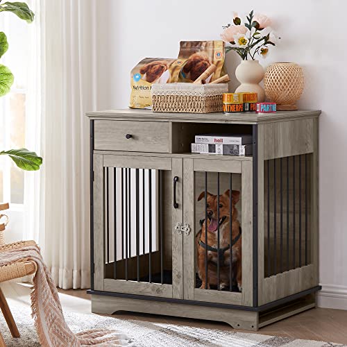 OGAOL Dog Crate Furniture, Wood Furniture Style Dog Crate End Table with Drawer, Medium Dog Kennel with Removable Tray, Rustic Deco Dog House Cage for Dogs up to 60 lb, Chew-Proof (Grey-with Tray)