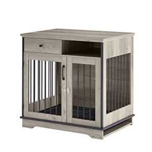 OGAOL Dog Crate Furniture, Wood Furniture Style Dog Crate End Table with Drawer, Medium Dog Kennel with Removable Tray, Rustic Deco Dog House Cage for Dogs up to 60 lb, Chew-Proof (Grey-with Tray)