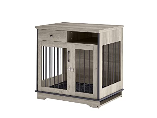 OGAOL Dog Crate Furniture, Wood Furniture Style Dog Crate End Table with Drawer, Medium Dog Kennel with Removable Tray, Rustic Deco Dog House Cage for Dogs up to 60 lb, Chew-Proof (Grey-with Tray)