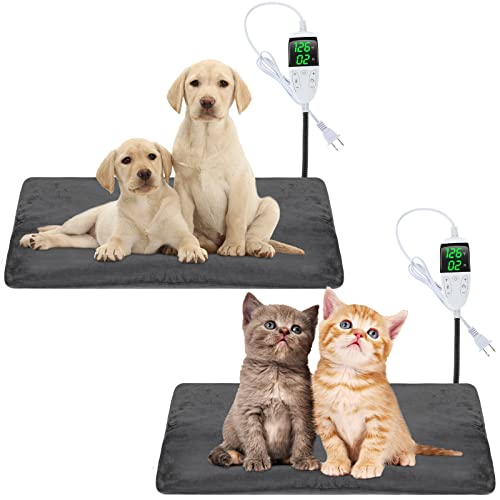 Set of 2 Pet Heating Pad Heated Dog Bed Electric Cat Warming Pad Adjustable Temperature Pet Warming Mat with Timer, Removable Washable Cover, Anti Bite Cord for Indoor Outdoor Pets, 17.7 x 27.6 Inch