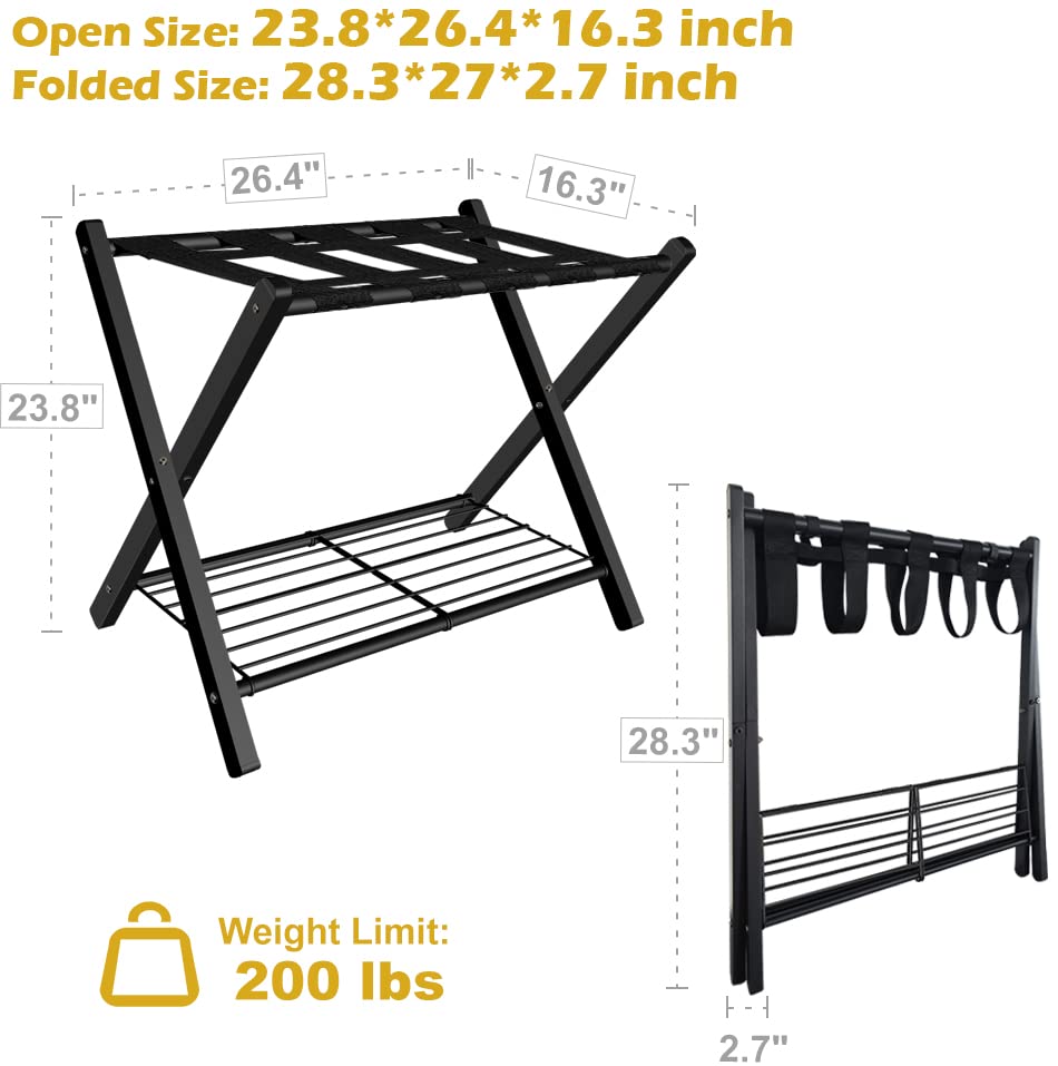 mocomax 1 Pack Folding Luggage Rack for Guest Room, Foldable Suitcase Stand Holder with Metal Storage Shelf for Bedroom, Living Room, Hotel Essentials, Heavy Duty Steel Frame, Black