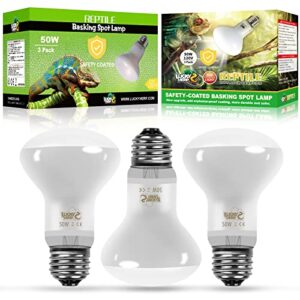 lucky herp new upgrade 3 pack 50w reptile heat lamp bulb (3nd gen, safer), amphibian uva heat light bulb, reptile basking daylight spot lamp bulb for bearded dragon, lizard, tortoise heating use