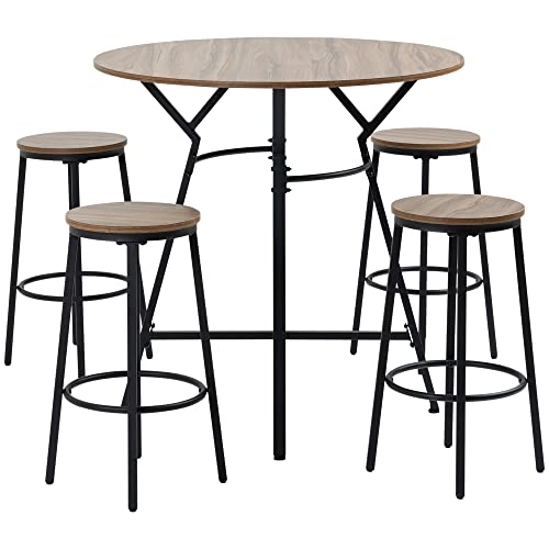 HOMCOM Industrial 5-Piece Bar Table and Chairs Set, Space Saving Dining Table with 4 Stools for Pub and Kitchen, Black & Brown