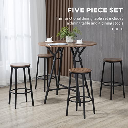 HOMCOM Industrial 5-Piece Bar Table and Chairs Set, Space Saving Dining Table with 4 Stools for Pub and Kitchen, Black & Brown