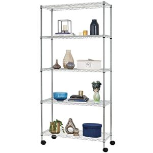 bestoffice 14dx30wx60h 5-tier wire shelving unit steel large metal shelf organizer garage storage heavy duty nsf height adjustable commercial utility storage metal rack on wheels,chrome