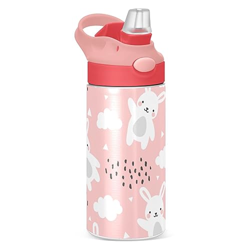 Kigai Pink Rabbit Kids Water Bottle, Insulated Stainless Steel Water Bottles with Straw Lid, 12 oz BPA-Free Leakproof Duck Mouth Thermos for Boys Girls