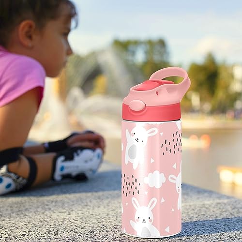 Kigai Pink Rabbit Kids Water Bottle, Insulated Stainless Steel Water Bottles with Straw Lid, 12 oz BPA-Free Leakproof Duck Mouth Thermos for Boys Girls