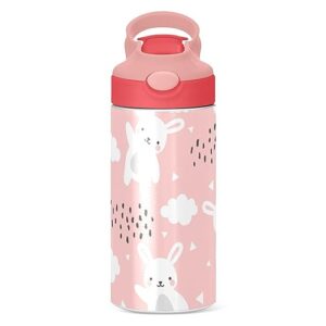 Kigai Pink Rabbit Kids Water Bottle, Insulated Stainless Steel Water Bottles with Straw Lid, 12 oz BPA-Free Leakproof Duck Mouth Thermos for Boys Girls