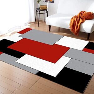 red black geometric area rugs, abstract color red black gray indoor non-slip kids rug, machine washable carpet, breathable durable mat for living room decor 4' x 5'