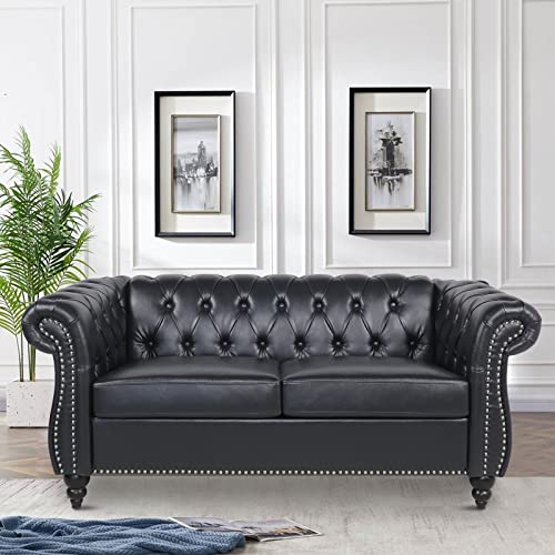 FOKWE Chesterfield Loveseat Leather, Modern Upholstered Tufted Couch 2 Seater with Rolled Arms and Nailhead for Living Room, Bedroom (Black)