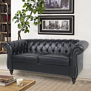 FOKWE Chesterfield Loveseat Leather, Modern Upholstered Tufted Couch 2 Seater with Rolled Arms and Nailhead for Living Room, Bedroom (Black)