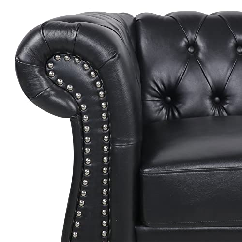 FOKWE Chesterfield Loveseat Leather, Modern Upholstered Tufted Couch 2 Seater with Rolled Arms and Nailhead for Living Room, Bedroom (Black)