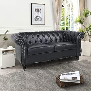 FOKWE Chesterfield Loveseat Leather, Modern Upholstered Tufted Couch 2 Seater with Rolled Arms and Nailhead for Living Room, Bedroom (Black)