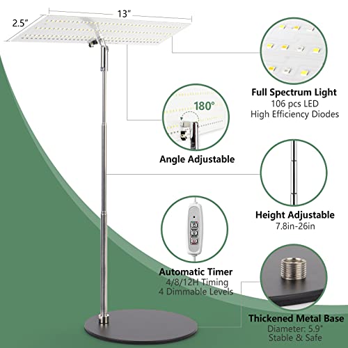 LORDEM Grow Light, Full Spectrum LED Plant Light for Indoor Plants, Height Adjustable Growing Lamp with Auto On/Off Timer 4H/8H/12H, 4 Dimmable Brightness, Ideal for Home Desk Plant Lighting