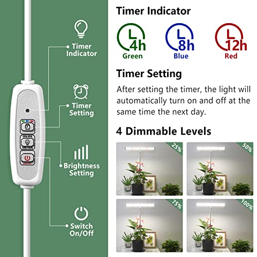 LORDEM Grow Light, Full Spectrum LED Plant Light for Indoor Plants, Height Adjustable Growing Lamp with Auto On/Off Timer 4H/8H/12H, 4 Dimmable Brightness, Ideal for Home Desk Plant Lighting