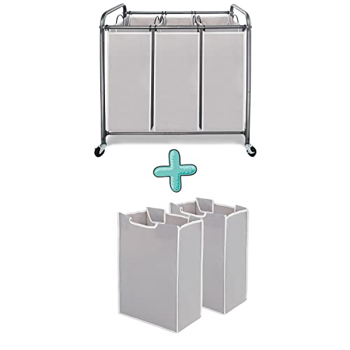 STORAGE MANIAC 3 Section Laundry Sorter Rolling Laundry Hamper Laundry Basket with Wheels and Laundry Sorter Replacement Bag 2 Pack