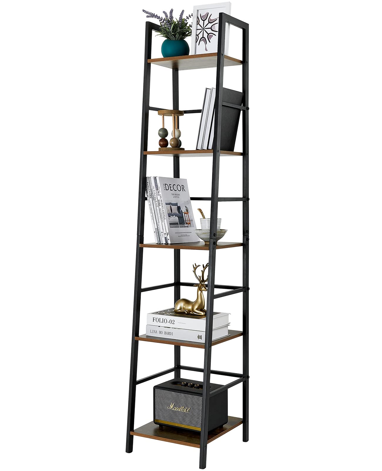 Pshelfy Bookshelf, 5-Tier Narrow Ladder Shelf Bookcase with Metal Frame, Freestanding Corner Rack Shelves for Small Spaces Display Storage Organizer Tall Skinny Shelf for Living Room Kitchen