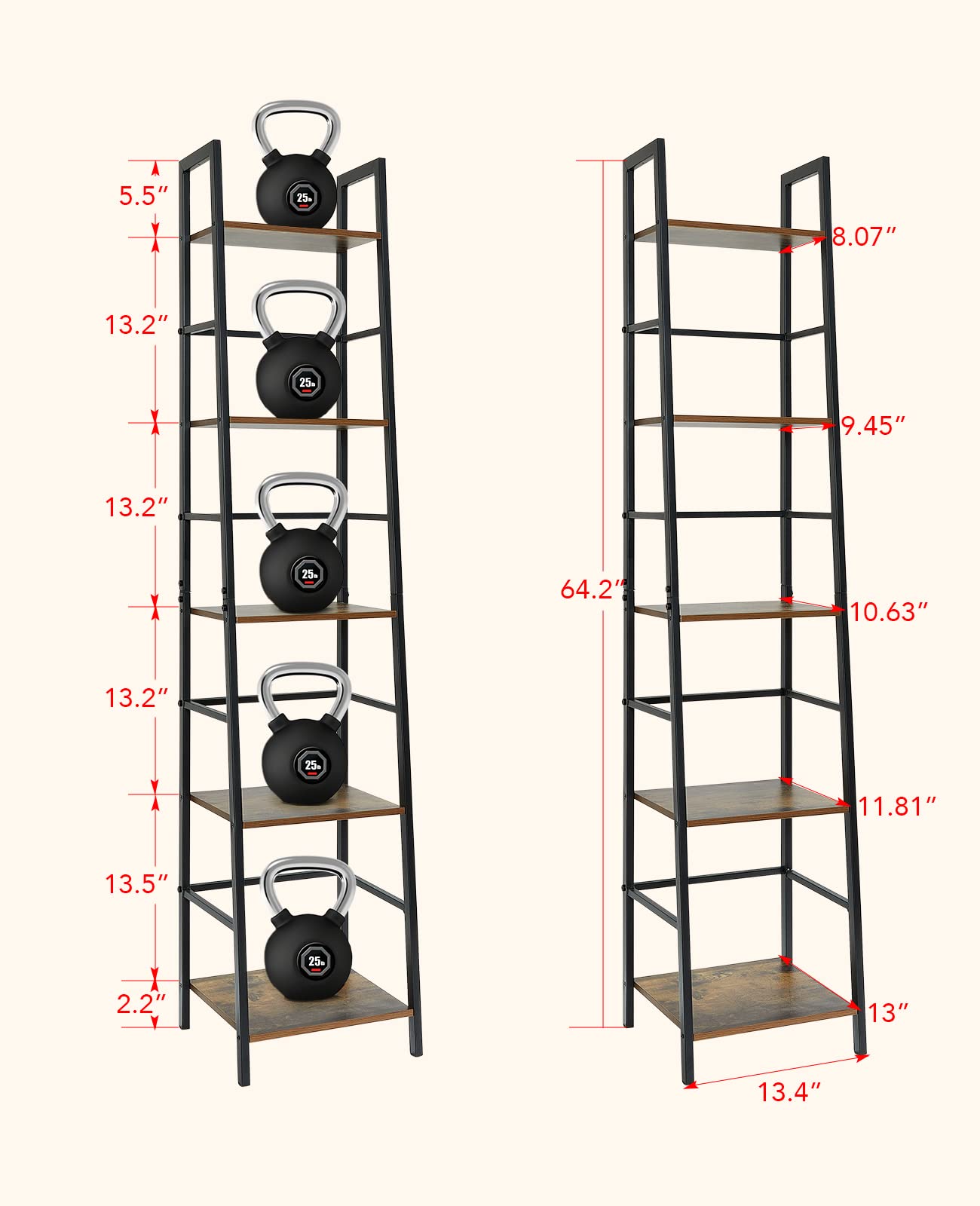 Pshelfy Bookshelf, 5-Tier Narrow Ladder Shelf Bookcase with Metal Frame, Freestanding Corner Rack Shelves for Small Spaces Display Storage Organizer Tall Skinny Shelf for Living Room Kitchen