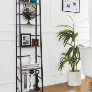 Pshelfy Bookshelf, 5-Tier Narrow Ladder Shelf Bookcase with Metal Frame, Freestanding Corner Rack Shelves for Small Spaces Display Storage Organizer Tall Skinny Shelf for Living Room Kitchen