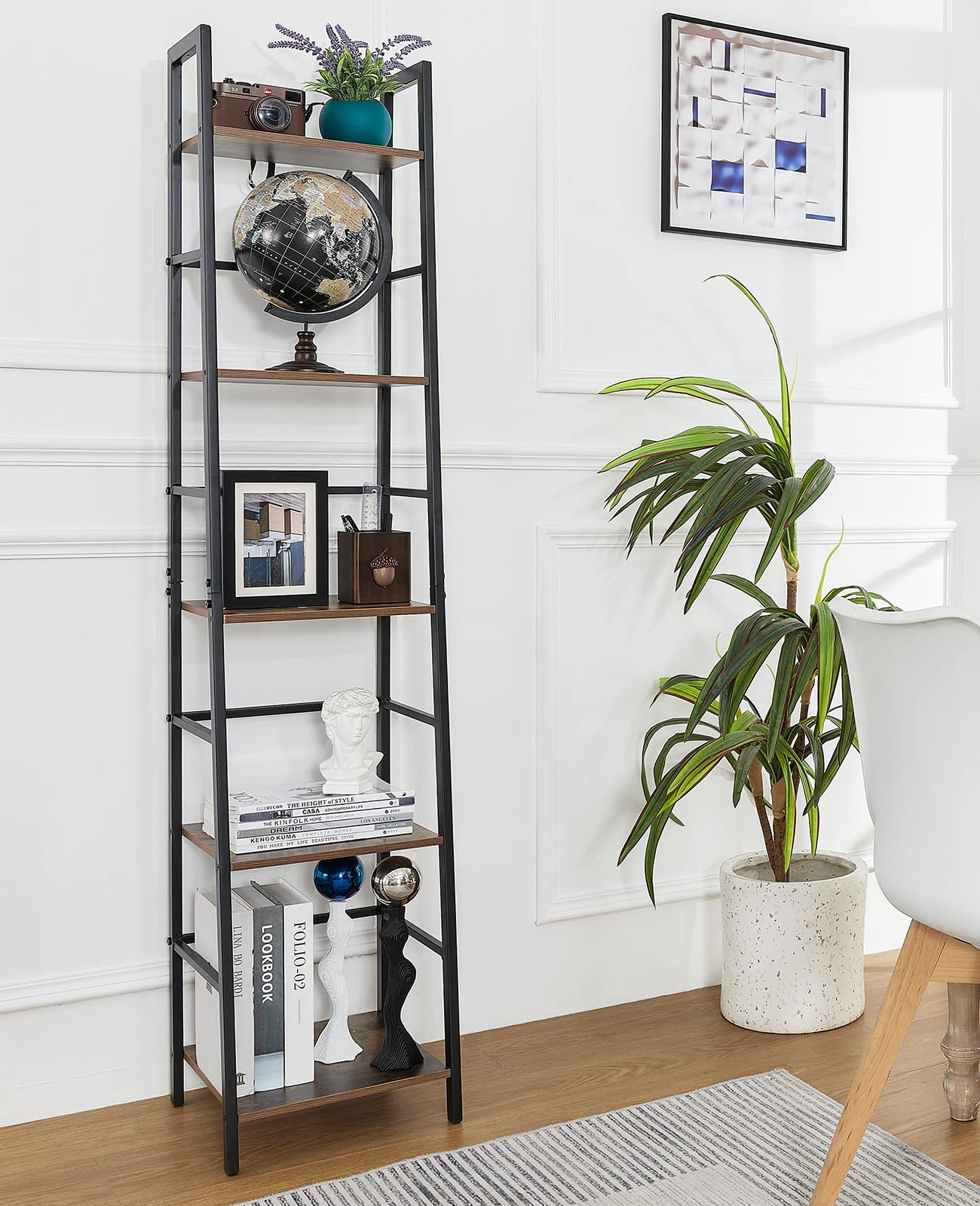 Pshelfy Bookshelf, 5-Tier Narrow Ladder Shelf Bookcase with Metal Frame, Freestanding Corner Rack Shelves for Small Spaces Display Storage Organizer Tall Skinny Shelf for Living Room Kitchen