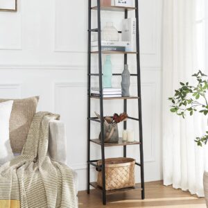 Pshelfy Bookshelf, 5-Tier Narrow Ladder Shelf Bookcase with Metal Frame, Freestanding Corner Rack Shelves for Small Spaces Display Storage Organizer Tall Skinny Shelf for Living Room Kitchen