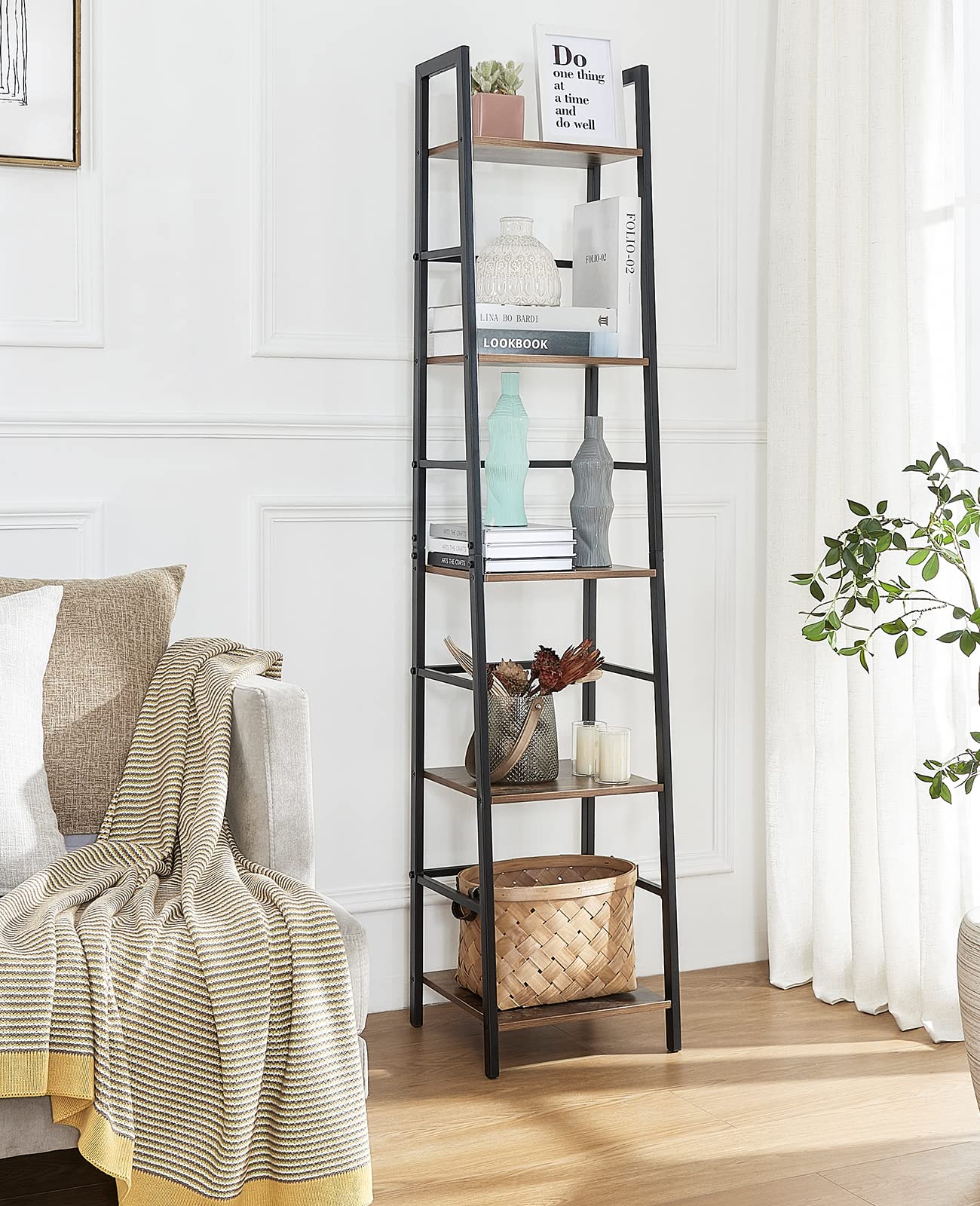 Pshelfy Bookshelf, 5-Tier Narrow Ladder Shelf Bookcase with Metal Frame, Freestanding Corner Rack Shelves for Small Spaces Display Storage Organizer Tall Skinny Shelf for Living Room Kitchen