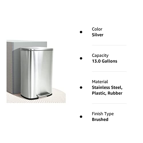 Kitchen Trash Can 13 Gallon with Lid, Foot Pedal, Inner Bucket Step Garbage Can, Fingerprint-Proof Stainless Steel Quiet-Close 50 Liter / Dog Proof