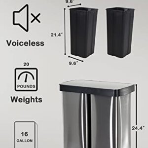 10 Gallon Dual Trash Can, Classified Recycling Bin for Kitchen Recycling and Trash, Double Compartment Trash Can Rubbish Bin with Lid, Plastic Inner Buckets, Stainless Steel, Soft-Close, Airtight