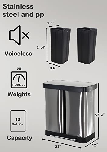 10 Gallon Dual Trash Can, Classified Recycling Bin for Kitchen Recycling and Trash, Double Compartment Trash Can Rubbish Bin with Lid, Plastic Inner Buckets, Stainless Steel, Soft-Close, Airtight