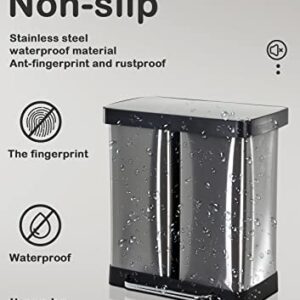 10 Gallon Dual Trash Can, Classified Recycling Bin for Kitchen Recycling and Trash, Double Compartment Trash Can Rubbish Bin with Lid, Plastic Inner Buckets, Stainless Steel, Soft-Close, Airtight