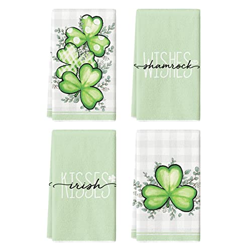 Artoid Mode Buffalo Plaid Kisses Wishes Shamrock St Patrick's Day Kitchen Towels Dish Towels, 18x26 Inch Seasonal Eucalyptus Leaves Decor Hand Towels Set of 4