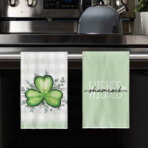 Artoid Mode Buffalo Plaid Kisses Wishes Shamrock St Patrick's Day Kitchen Towels Dish Towels, 18x26 Inch Seasonal Eucalyptus Leaves Decor Hand Towels Set of 4