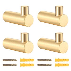 4 pcs brass wall hooks, gold coat hooks for wall, towel cloth robe hangers hooks wall mounted, brass l-shaped heavy duty bathroom kitchen living rooms hat key hooks