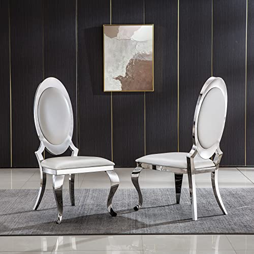 HomVent Modern Leatherette Dining Chair Set of 2, Comfortable Upholstered Kitchen Chairs w/Oval Backrest ＆ Silver Stainless Legs, Tall High Back Dining Side Chairs Reception Chair (White Leather)