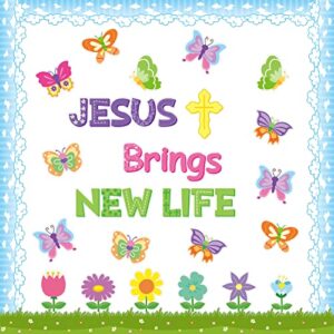 yopyame 94pcs jesus brings new life christian bulletin board set summer butterfly flowers cross cutouts bulletin board borders trim religious faith classroom sunday school chalkboard wall decor